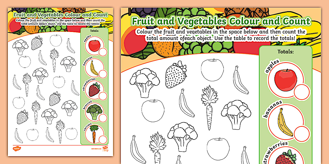 Fruits and Vegetables Colour and Count Worksheet - Twinkl