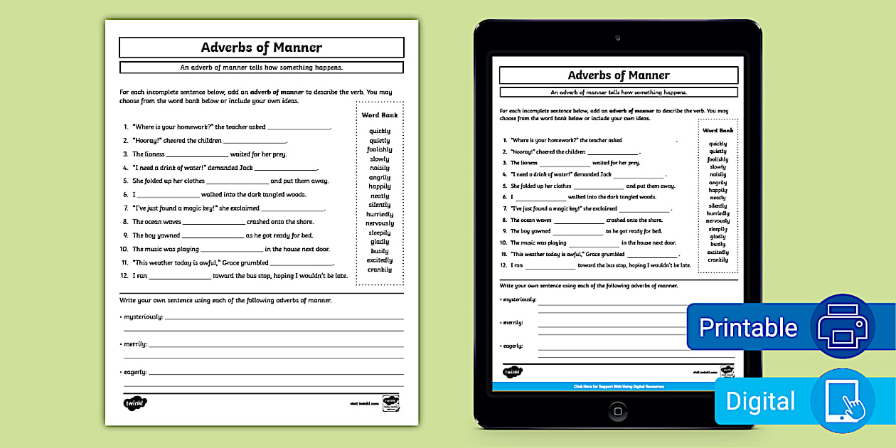 Adverbs of Manner Worksheet (teacher made) - Twinkl
