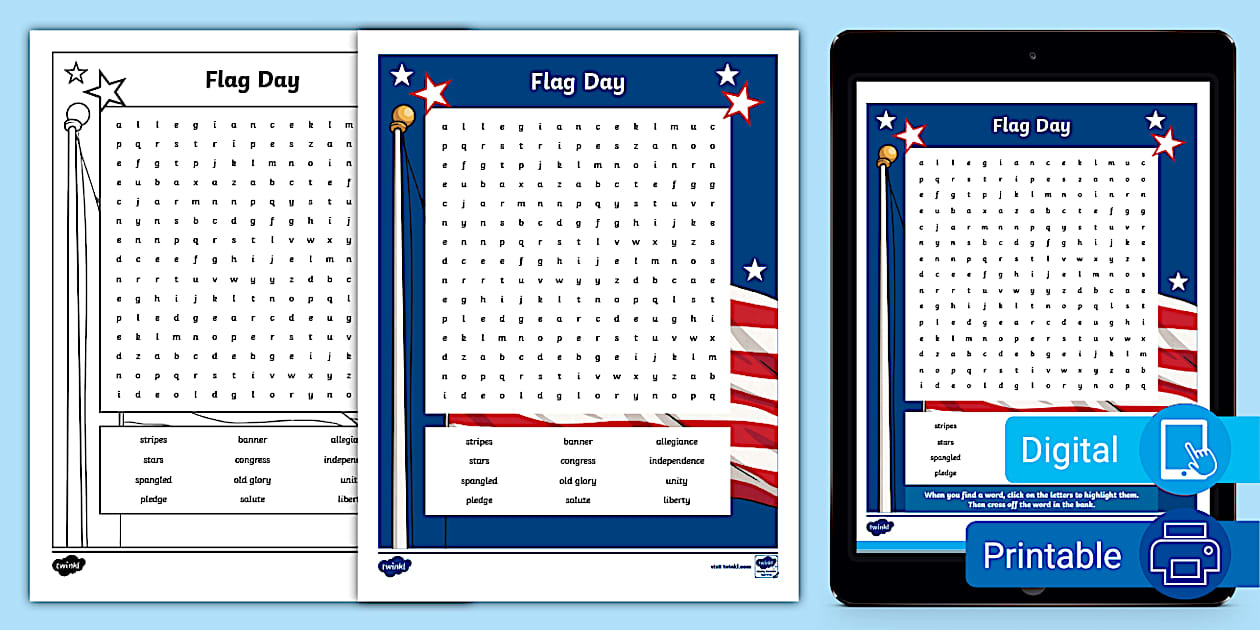 Flag Day Word Search for 3rd-5th Grade (teacher made)