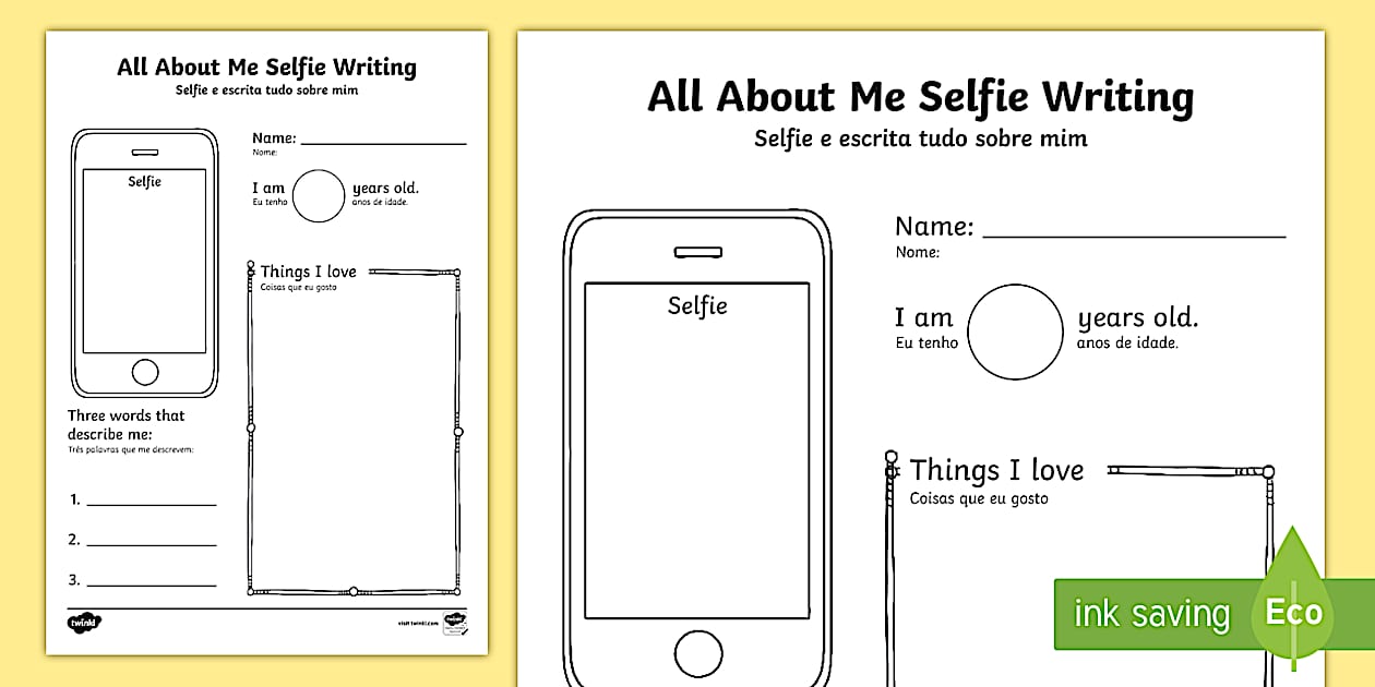 All About Me Selfie Writing Worksheet English/Portuguese