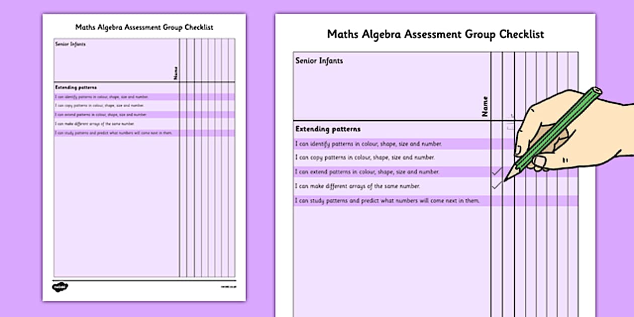 Editable 1999 Curriculum Senior Infants Maths Algebra Assessment Group