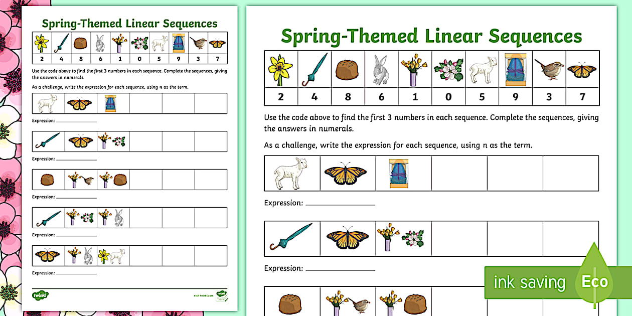 Spring Themed Linear Sequences Worksheet (teacher made)