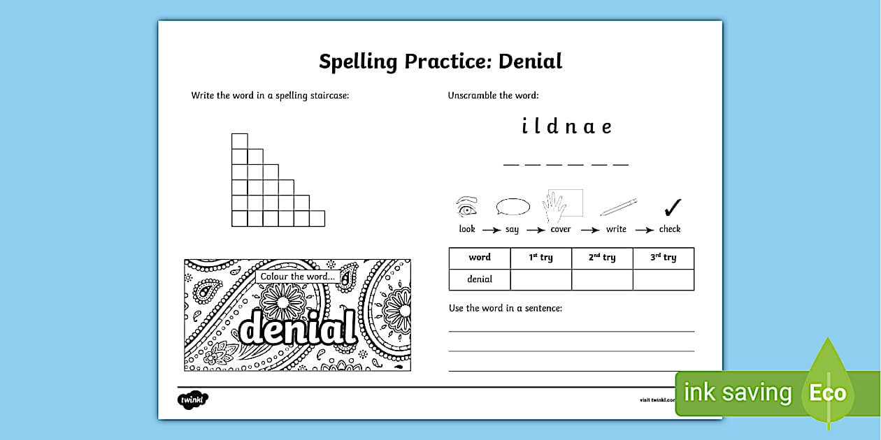 Denial Spelling Practice Worksheet (teacher made) - Twinkl