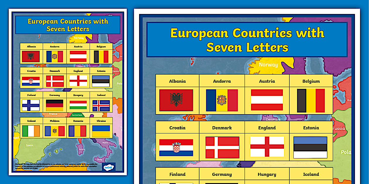 European Countries with Seven Letters Display Poster