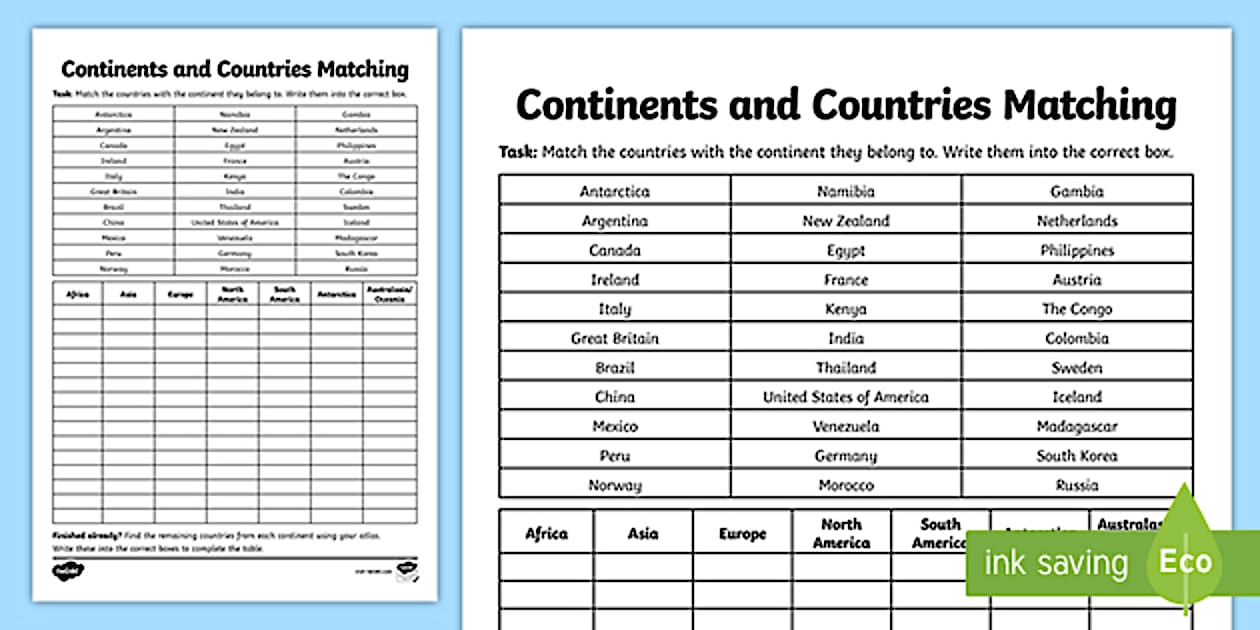 Editable Continents and Countries Matching Worksheet