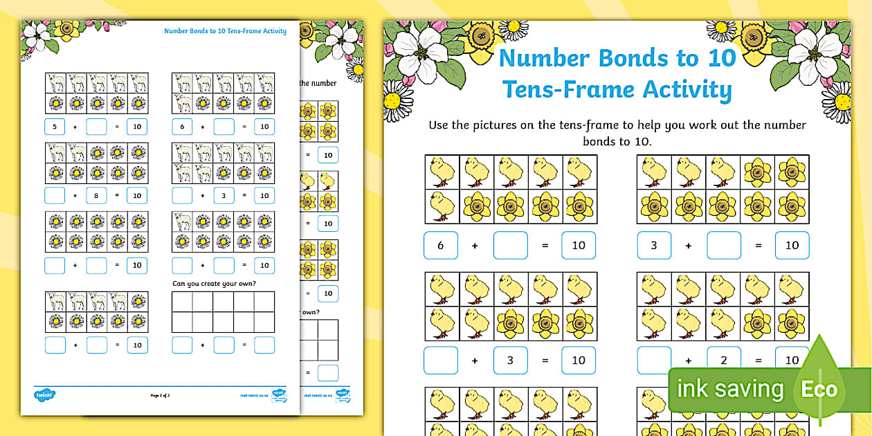 Number Bonds to 10 Spring-Themed Tens-Frame Activity