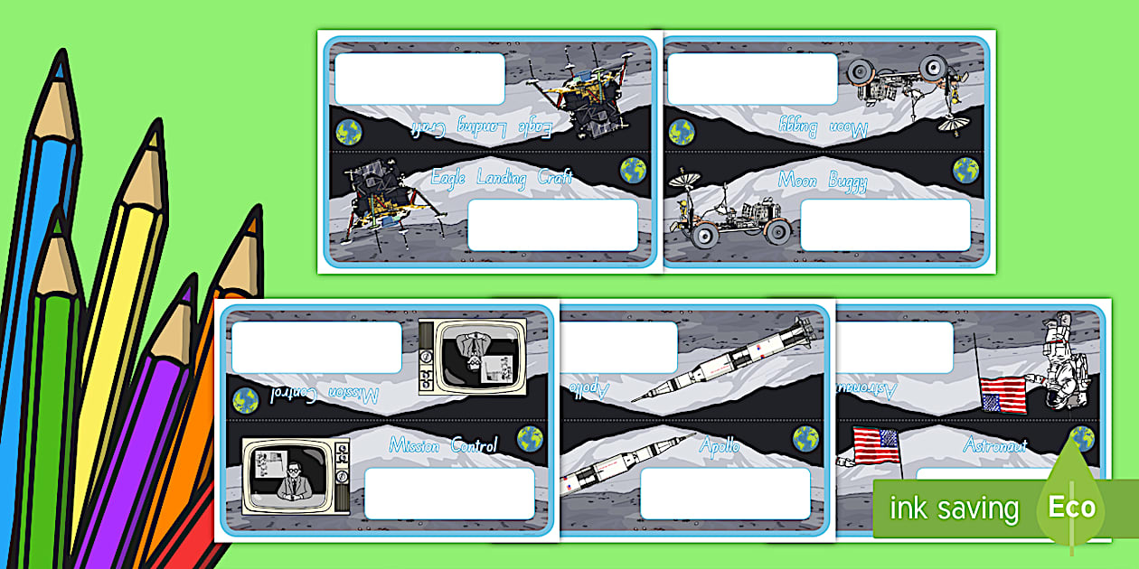 Moon Landing-Themed Foldover Desktop Labels - Twinkl
