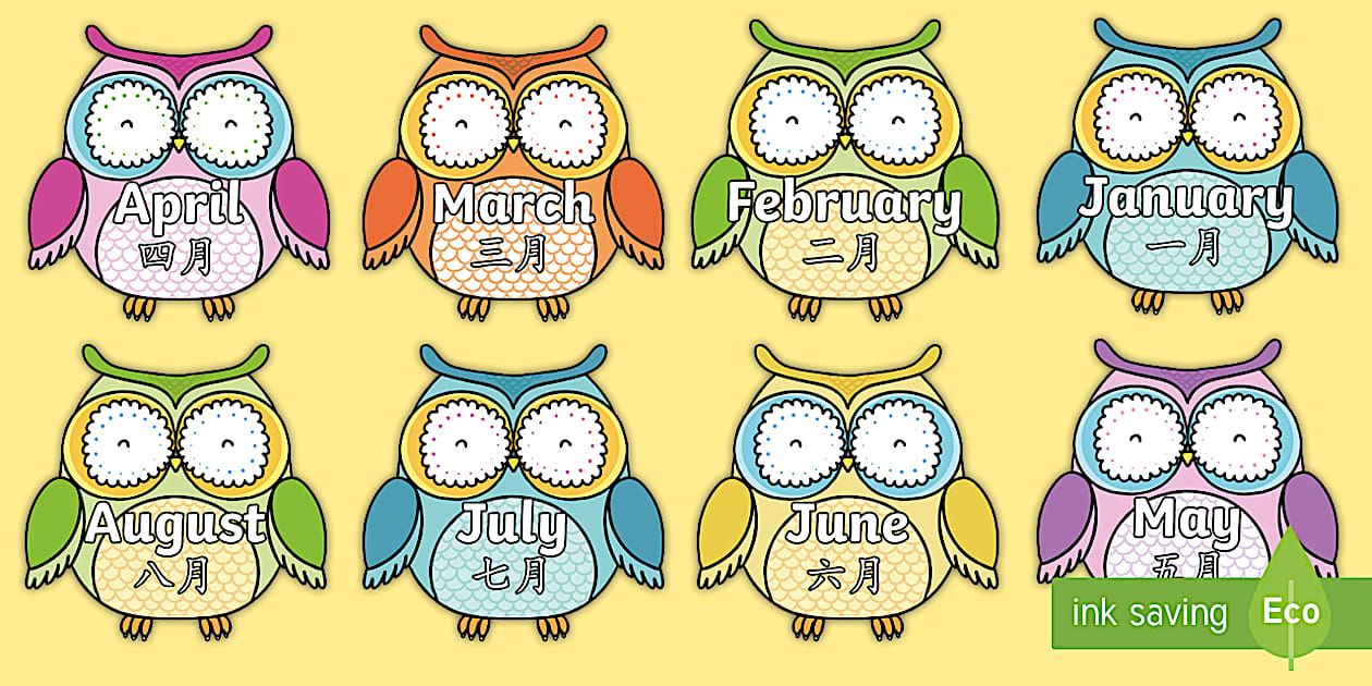 Months of the Year on Cute Owls Display Cut-Outs English/Mandarin Chinese