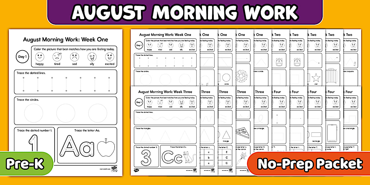 Prekindergarten August Morning Work Bundle