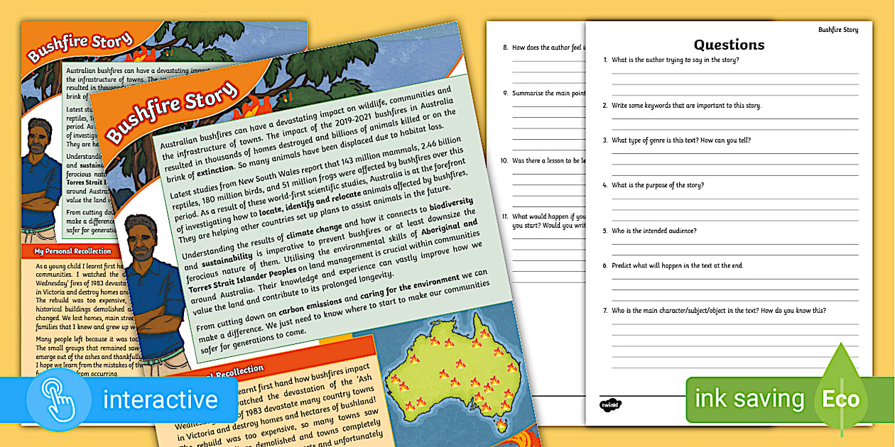 Bushfire Story Reading Comprehension - English - Twinkl