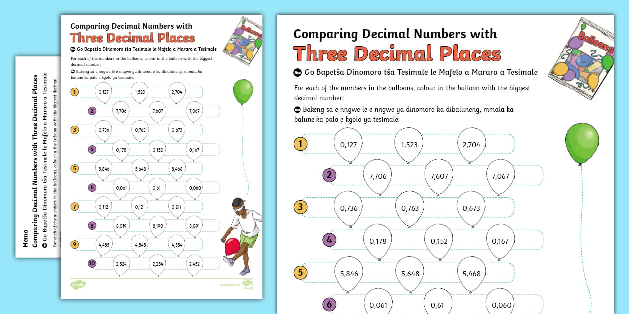 Comparing Decimal Numbers with Three Decimal Places Activity Sheet Sepedi