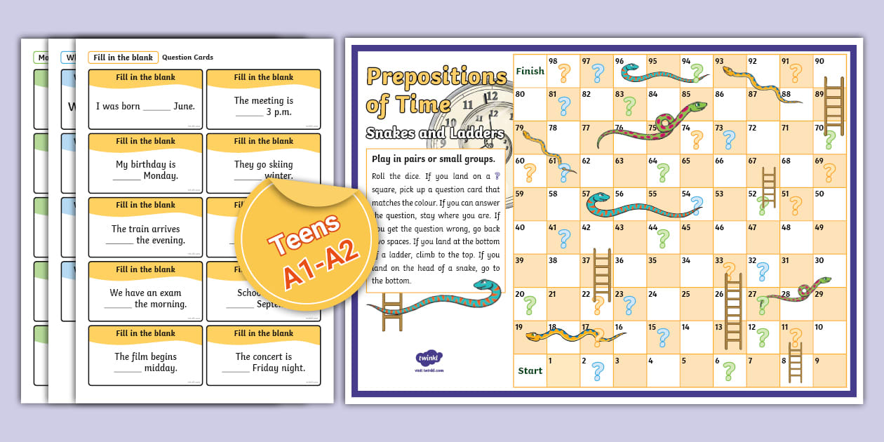 Prepositions of Time Snakes and Ladders Game (teacher made)
