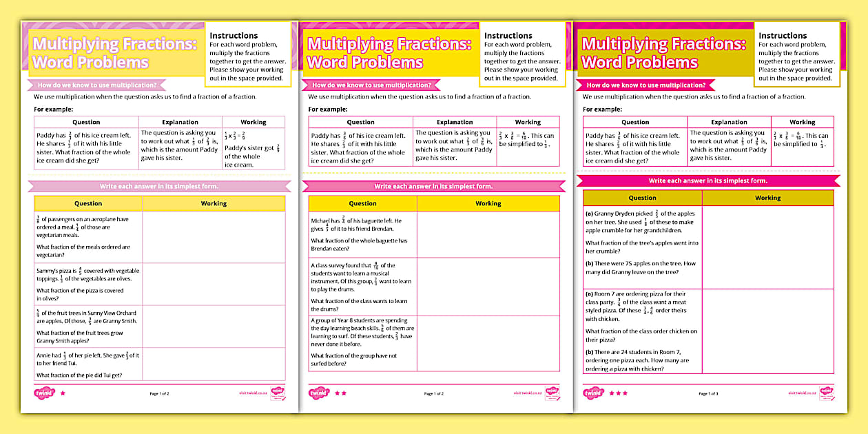 Multiplying Fractions Word Problems Worksheet (teacher made)