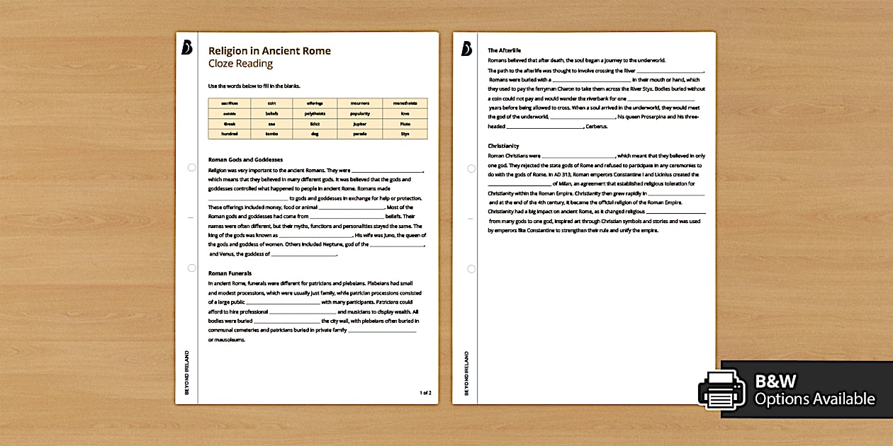 Religion in Ancient Rome Cloze Activity Sheet