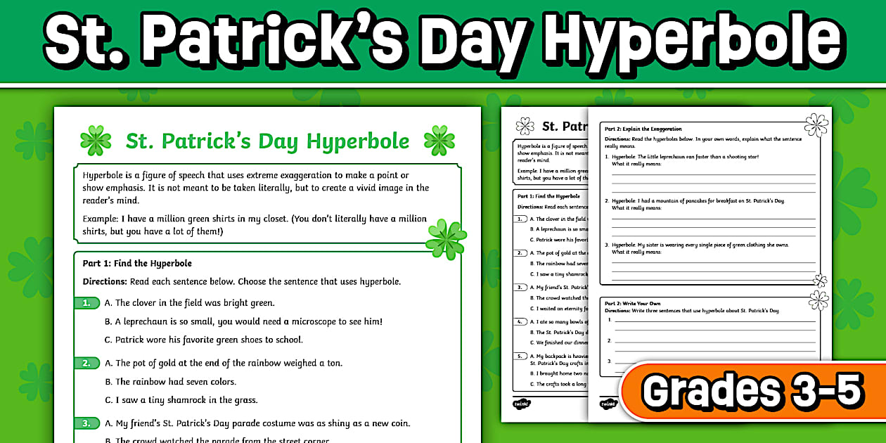 St. Patrick's Day Hyperbole Worksheet for 3rd-5th Grade