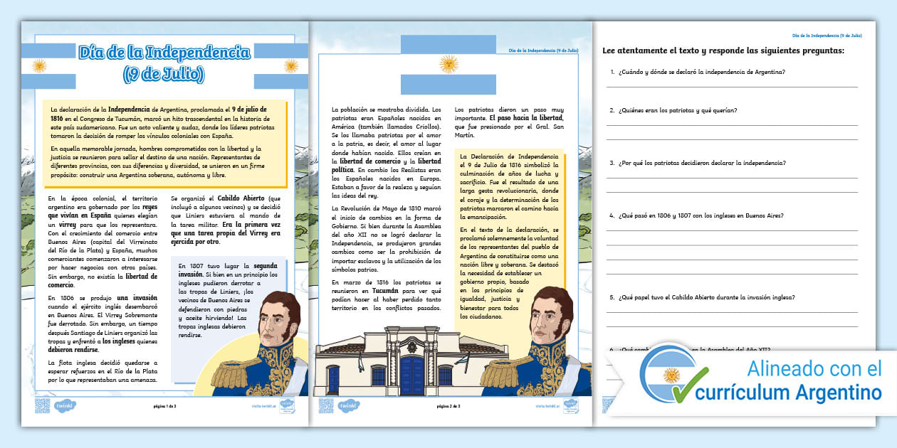 Comprensión lectora sobre el Día de la Independencia -Twinkl