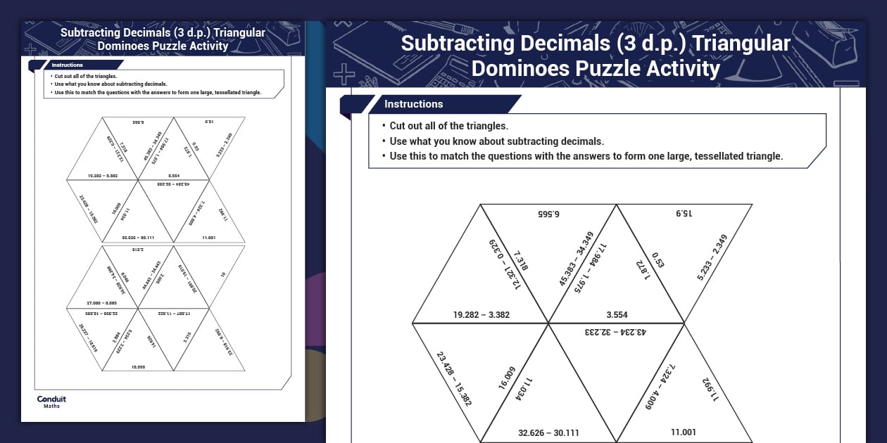Subtracting Decimals (3 d.p.) Triangular Dominoes Activity