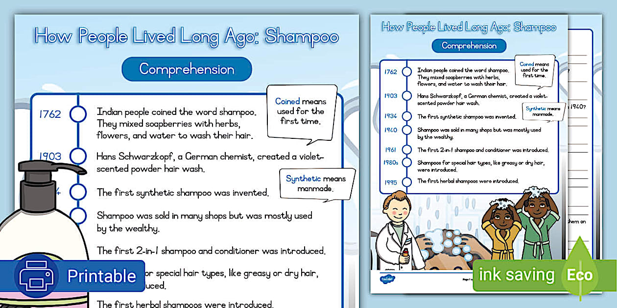 How People Lived Long Ago - Shampoo - Comprehension - Twinkl
