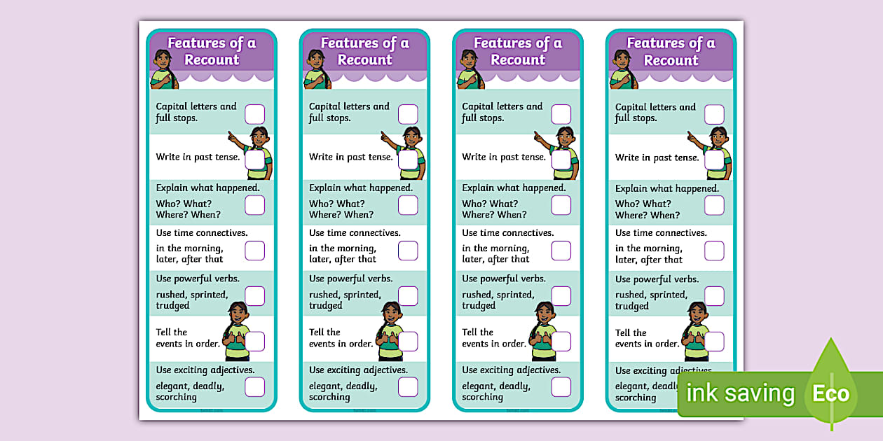 Features of a Recount Bookmark Checklist (teacher made)