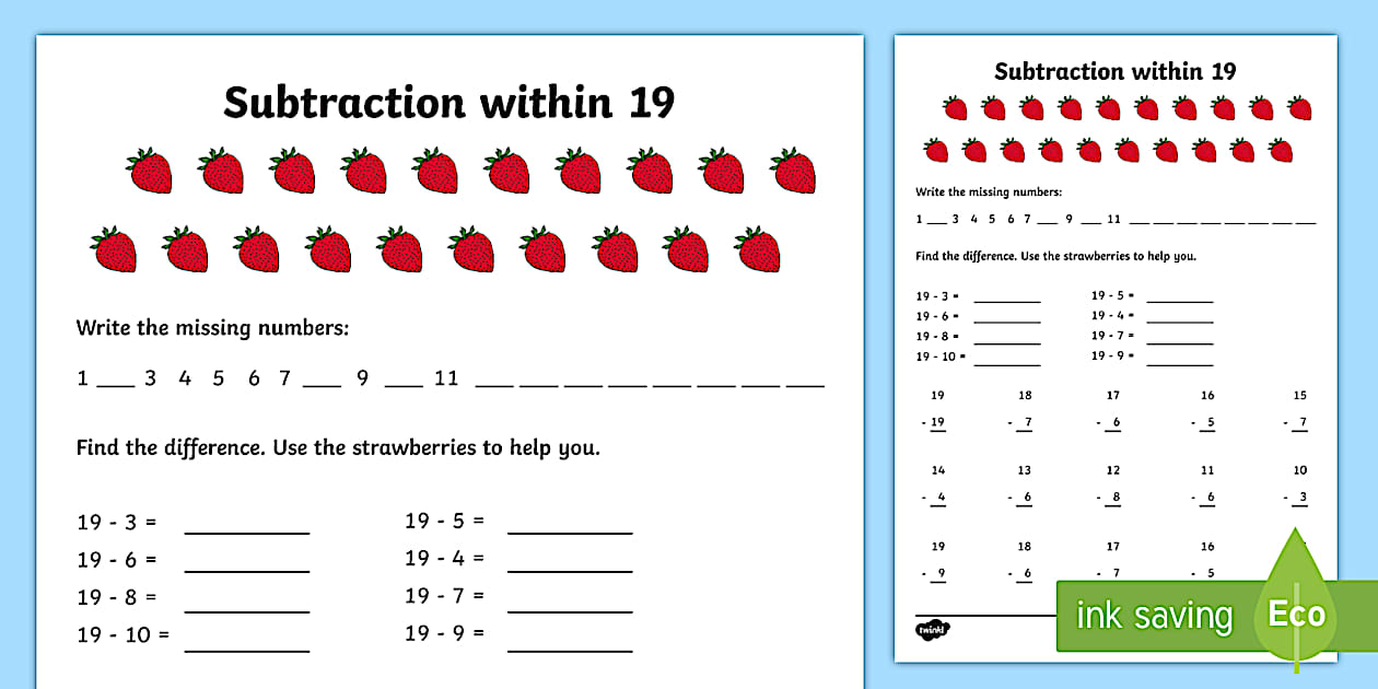Black and White Subtraction within 19 Worksheet - Twinkl