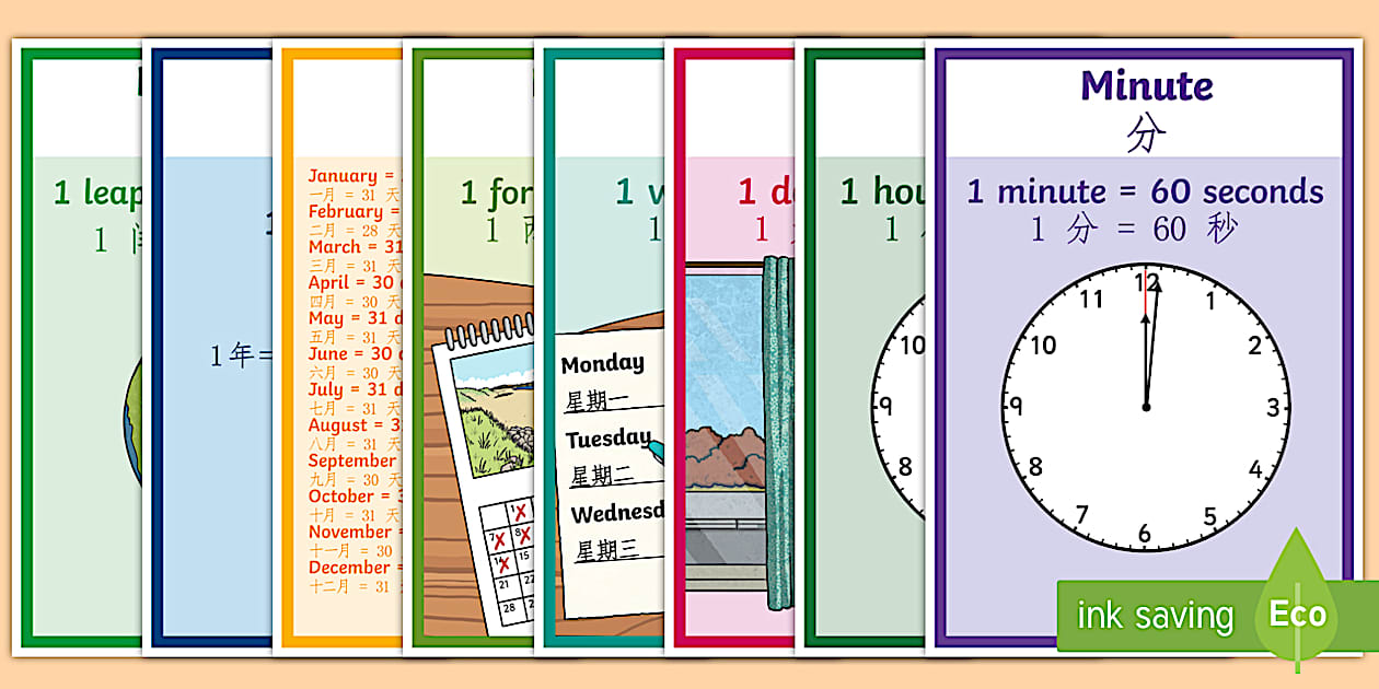 Units of Time Display Posters English/Mandarin Chinese - Units Of Time ...