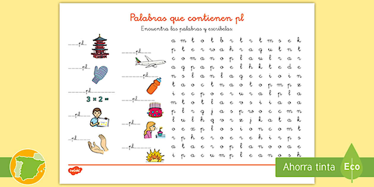 Sopa de letras: Palabras con pl - Twinkl