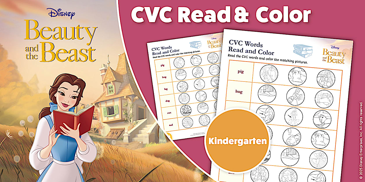 Beauty and the Beast: CVC Words Read and Color Worksheet