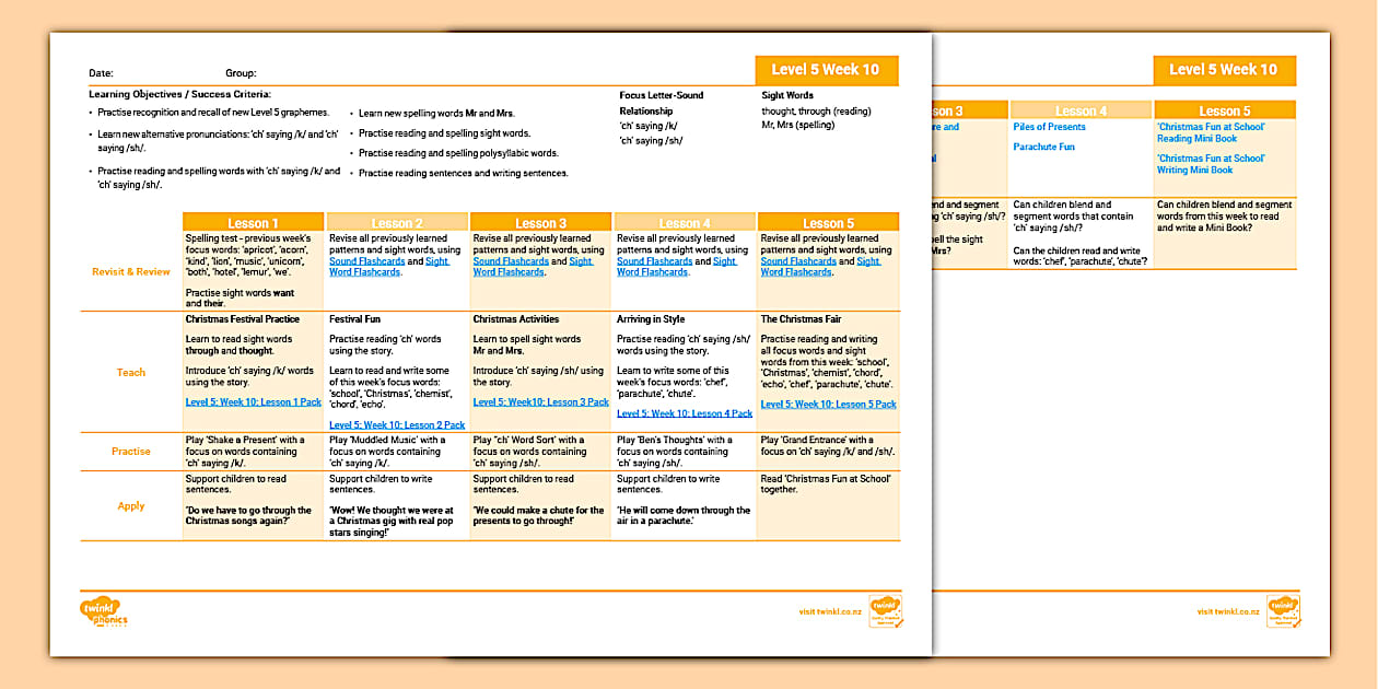 Phonics 'ch' saying /k/ and /sh/ Plan - Level 5 Week 10