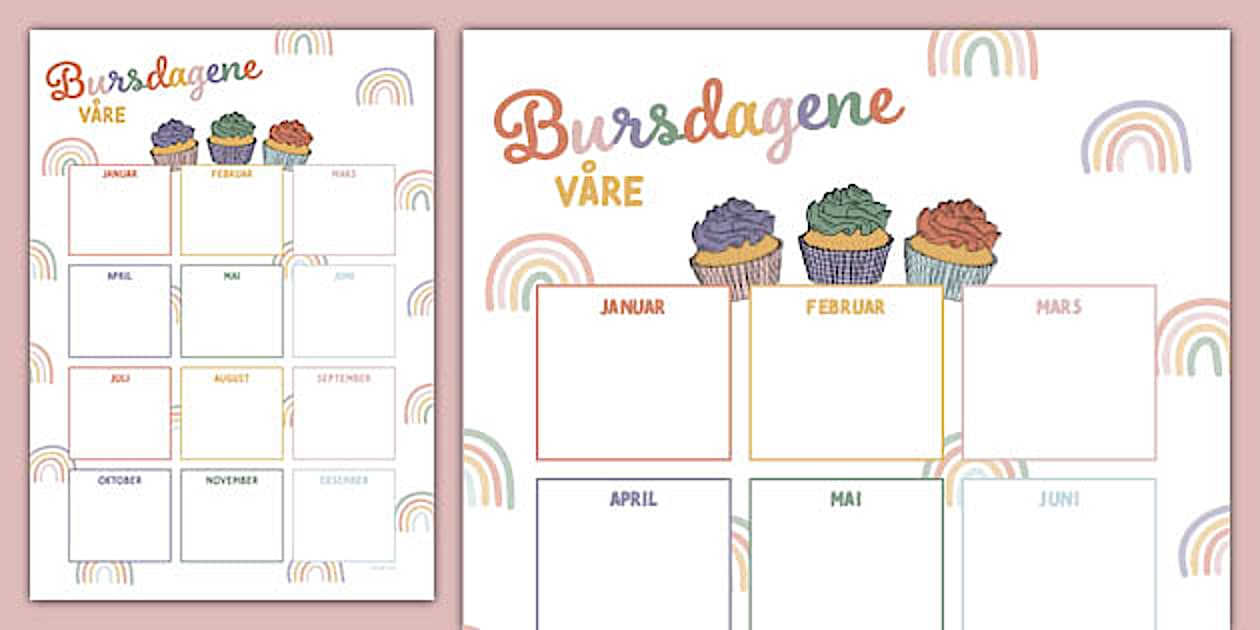 Bursdagskalender med dempet regnbuetema (teacher made)