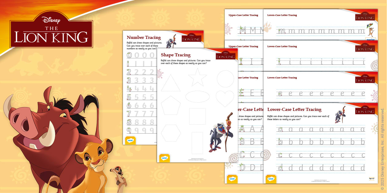The Lion King Letters, Numbers and Shapes Tracing Activity Pack