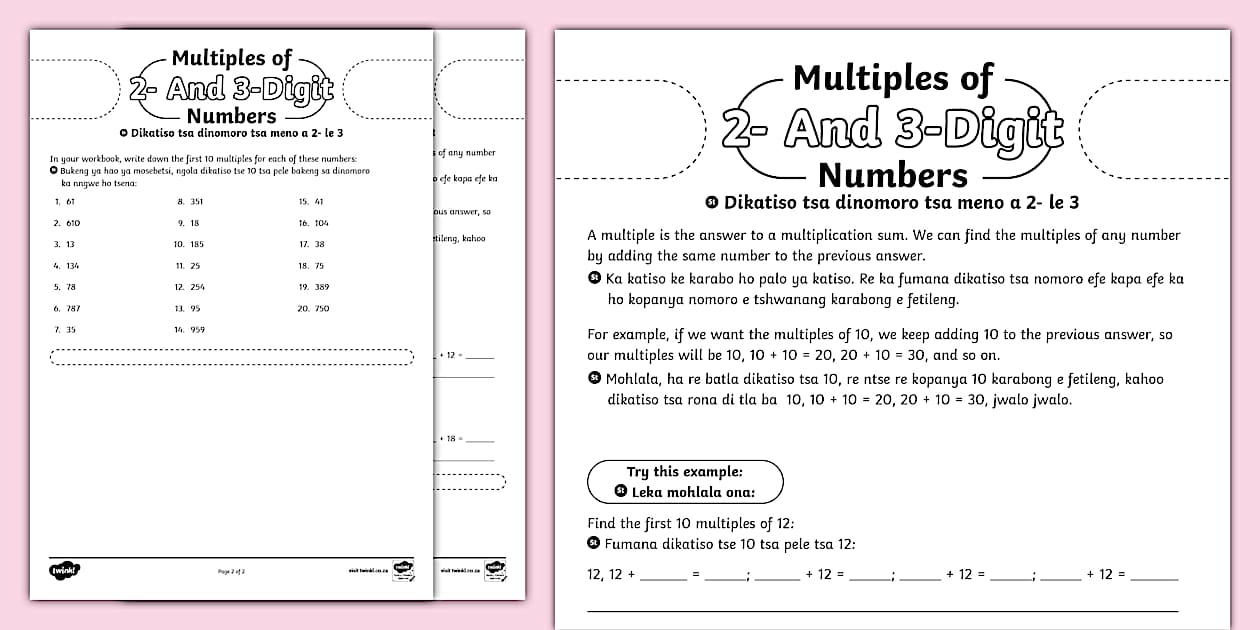 Multiples of 2- And 3-Digit Numbers Activity Sheet - Sesotho