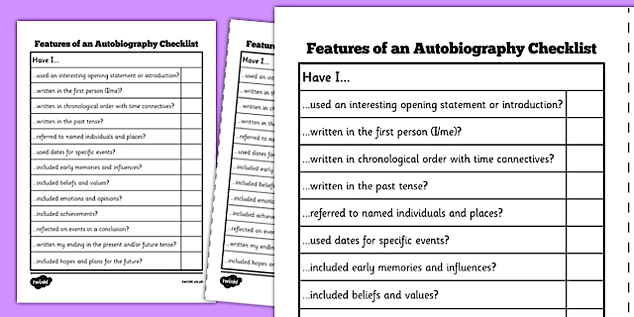 Editable KS2 Autobiography Writing Checklist (teacher made)