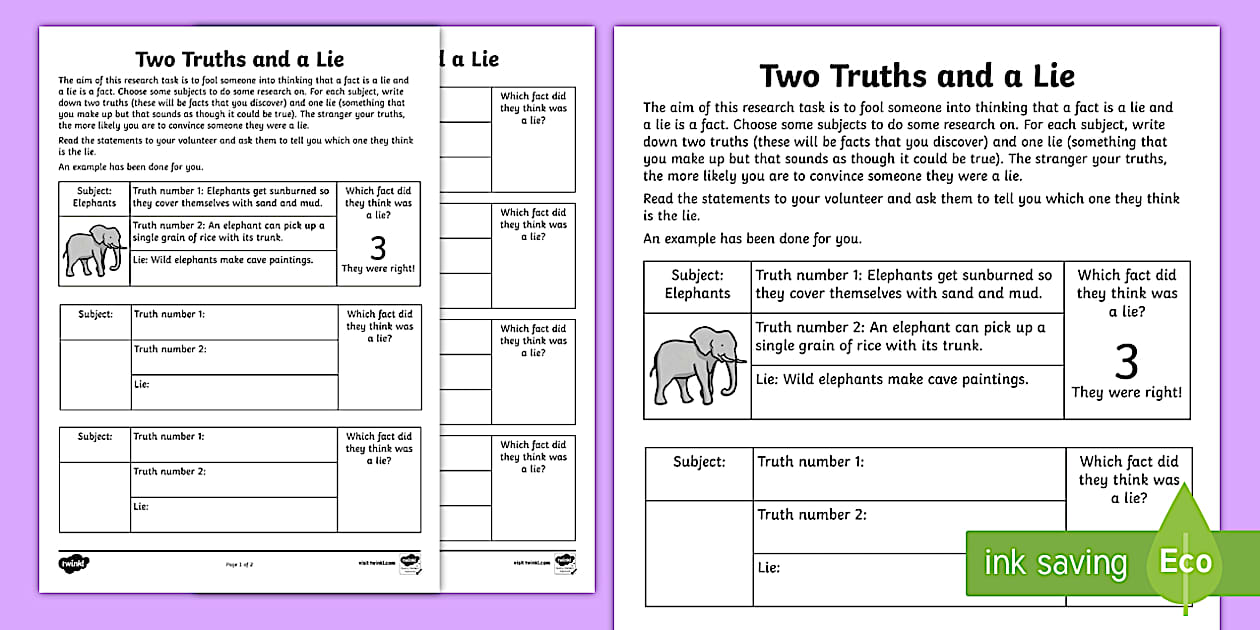 Two Truths and a Lie Worksheet / Worksheet (teacher made)