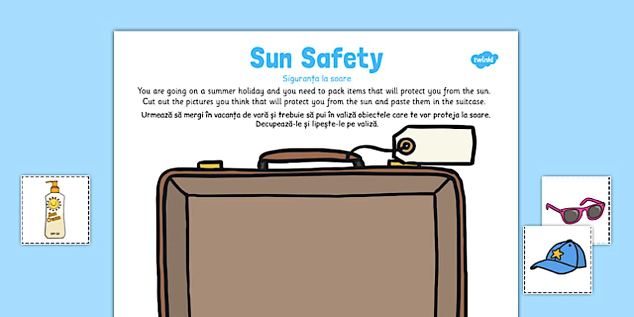 Black and White Sun Safety Cut and Paste Activity Romanian Translation