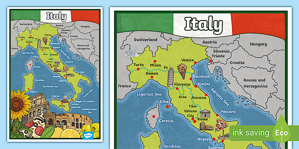 Cursive Illustrated Map of Italy Display Poster - Twinkl