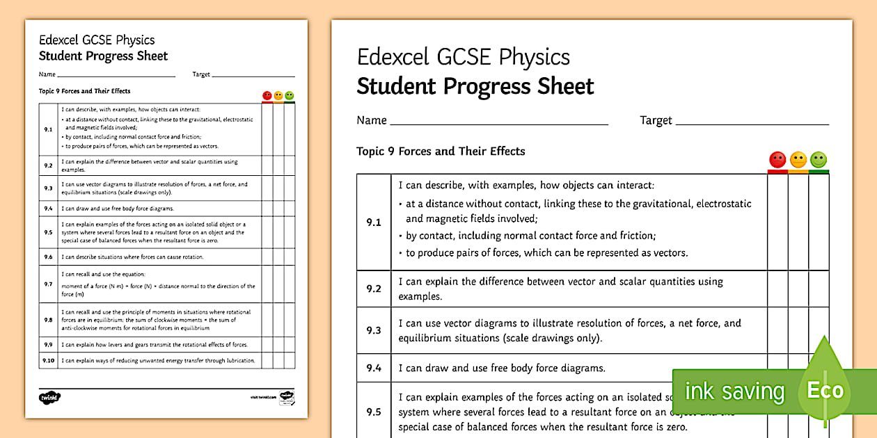 Edexcel Style GCSE Physics, Forces and Their Effects Progress Sheet