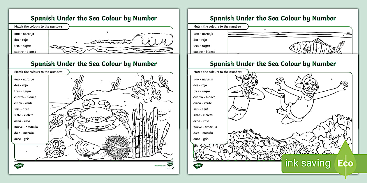 👉 Different Colours in Spanish: Under The Sea Colour by Number
