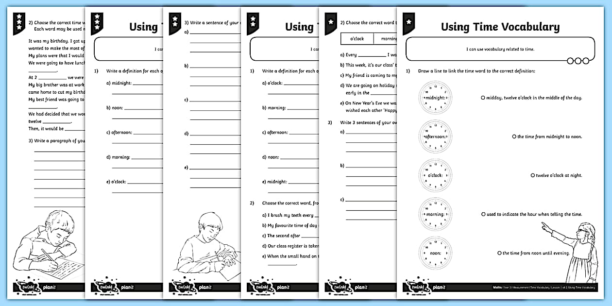 Middle Ability Using Time Vocabulary Differentiated Worksheets