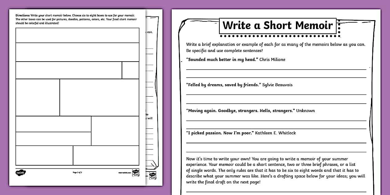 Back to School Write a Short Memoir Worksheet for 6th-8th Grade