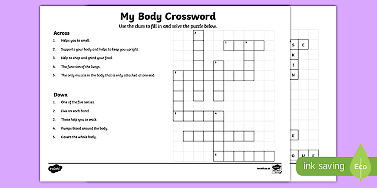 Human Body Crossword Puzzle - Printable Resource - Twinkl