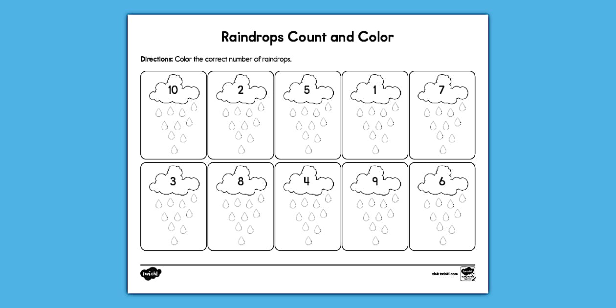 Raindrops Count and Color Worksheet (teacher made) - Twinkl