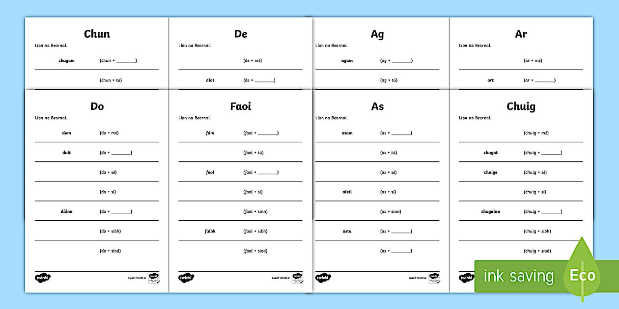 Prepositional Pronouns Assessment Sheet Gaeilge - Twinkl