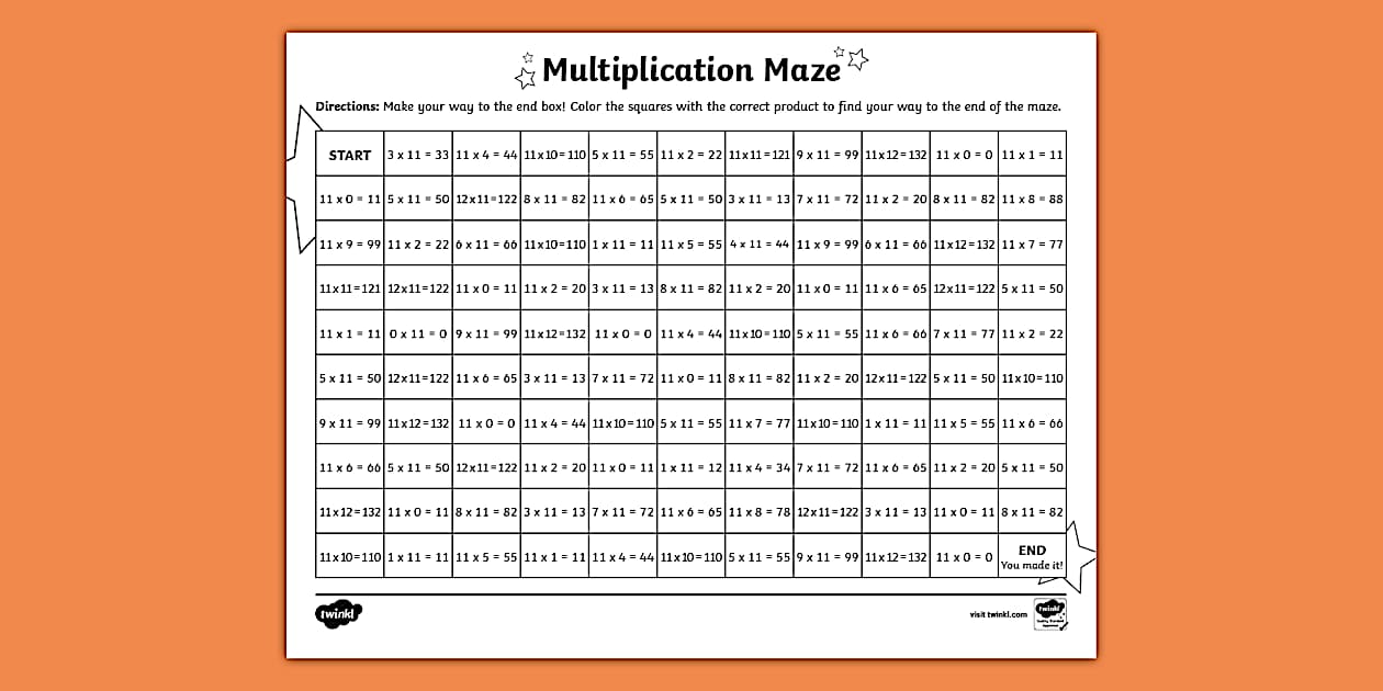 Math Multiplication Maze x 11 Activity for 3rd-5th Grade