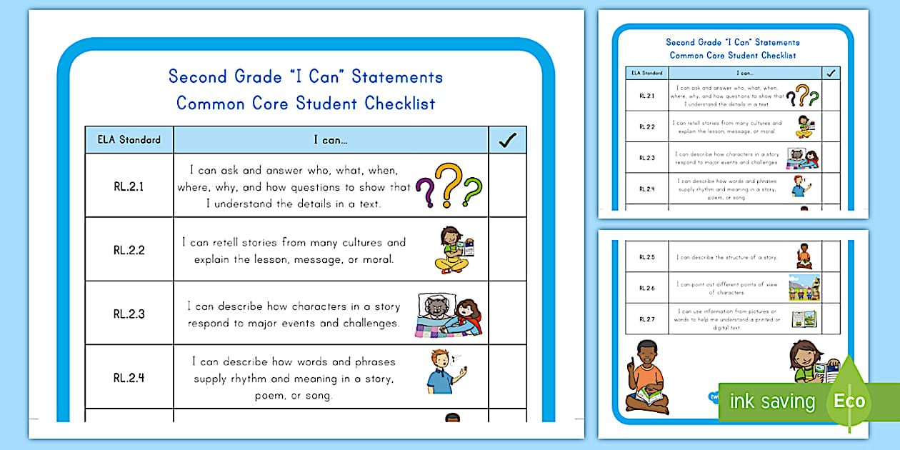 Second Grade I Can Statements Common Core Student Checklist Large Posters