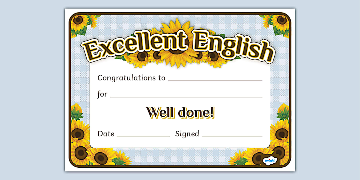 Sunflower-Themed Excellent English Certificate - Twinkl
