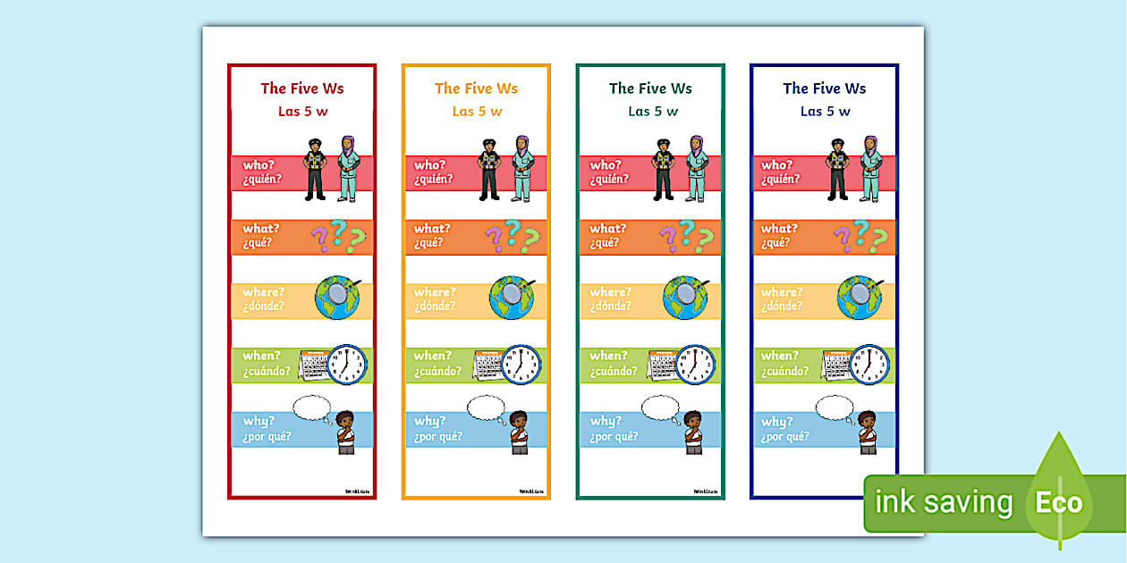 Editable The Five Ws Bookmarks - English / Spanish - Twinkl