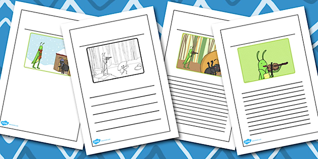 The Ant the Grasshopper Story Writing Frames Lined Black White