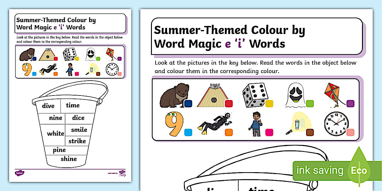 Summer Themed Colour by Word Magic e 'i' Words - Twinkl
