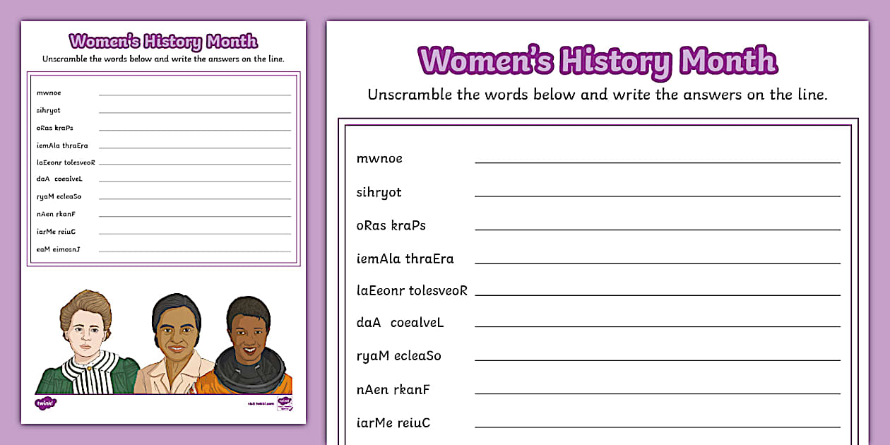 Women's History Month Word Scramble Activity Sheet - Twinkl