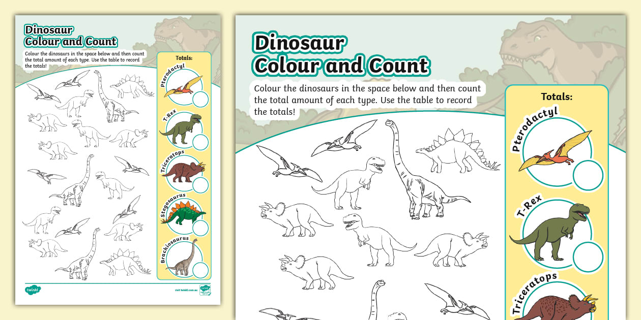 Dinosaur Colour and Count Worksheet - Twinkl